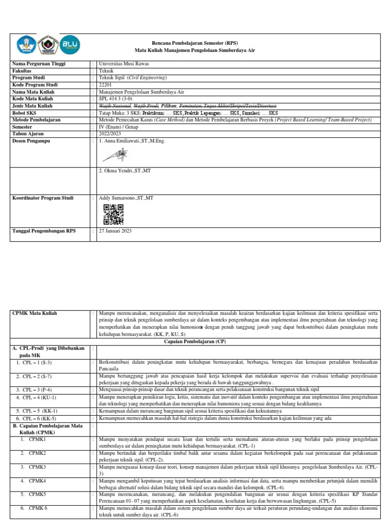 26 - Anna Emiliawati RPS MK Manajemen Pengelolaan Sda (Genap 2022-2023) | PDF