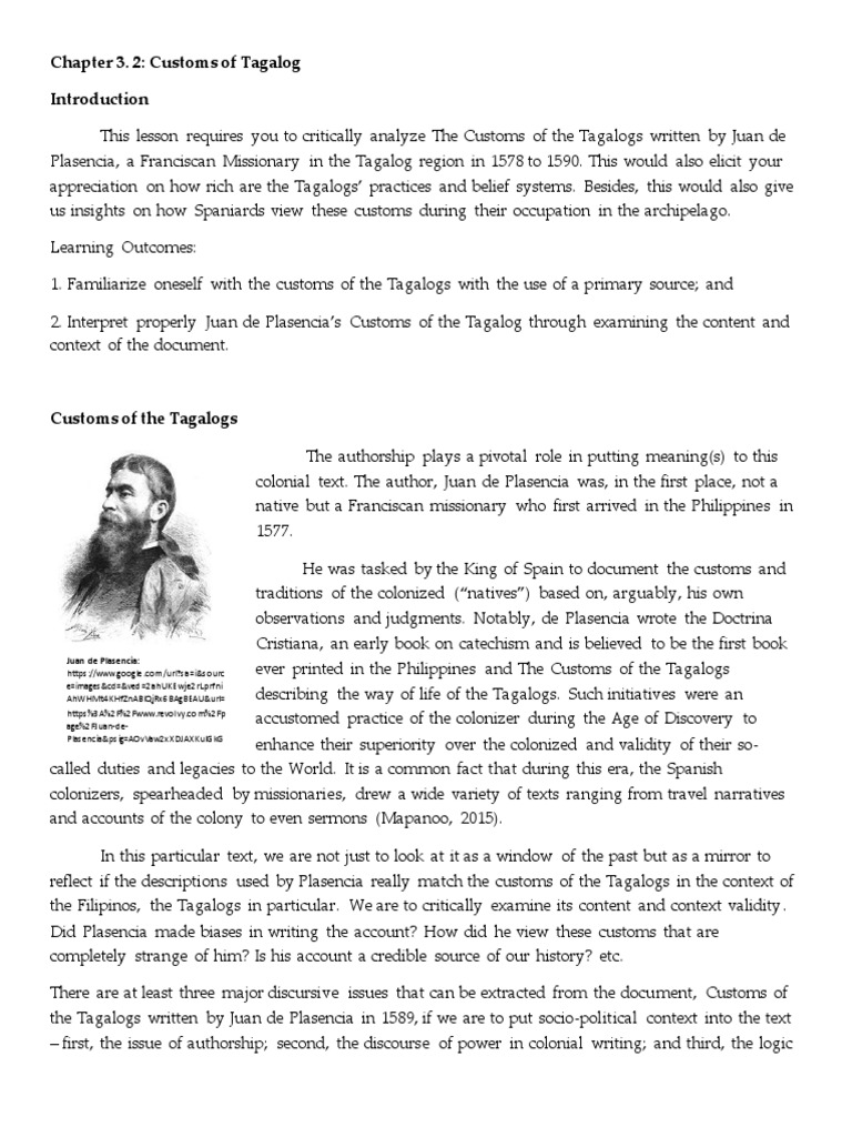 Analyzing Tagalog Customs by Plasencia | PDF | Philippines | Understanding