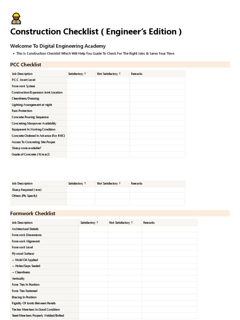 Construction Checklist (Engineer's Edition) | PDF | Concrete | Masonry