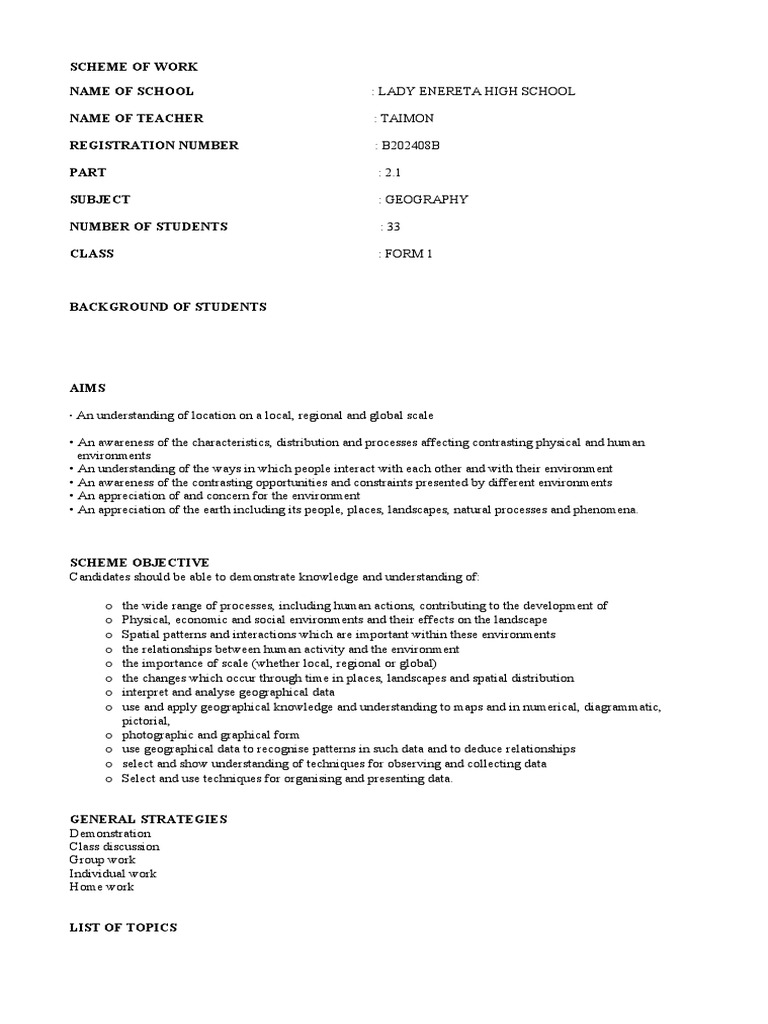 SCHEME OF WORK Geography | PDF | Natural Environment | Cognitive Science