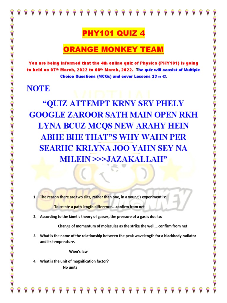 PHY101 Quiz4 2022 Monkey BY ASFAND YARR | PDF | Electromagnetic Radiation | Electron