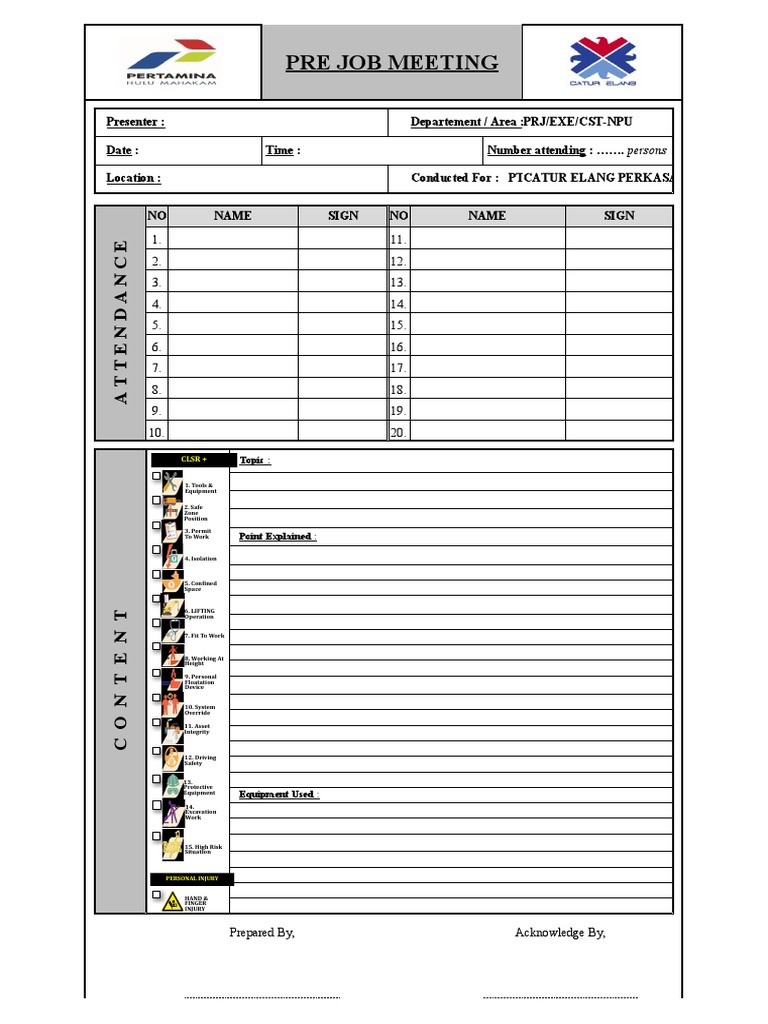 Form Pre Job Meeting | Download Free PDF | Safety | Workplace