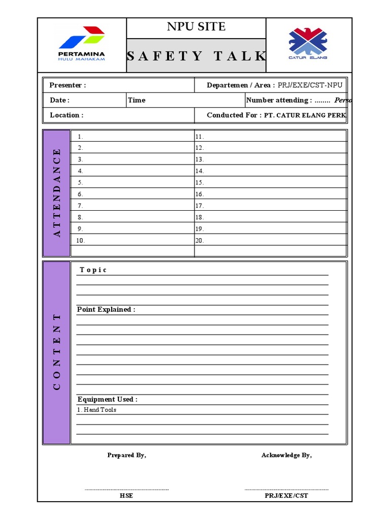 NPU Safety Talk Attendance Sheet | PDF