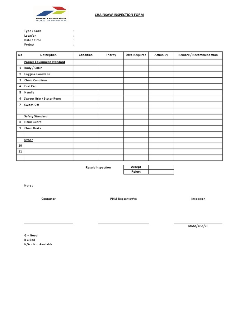 Checklist Inspection Chainsaw | PDF