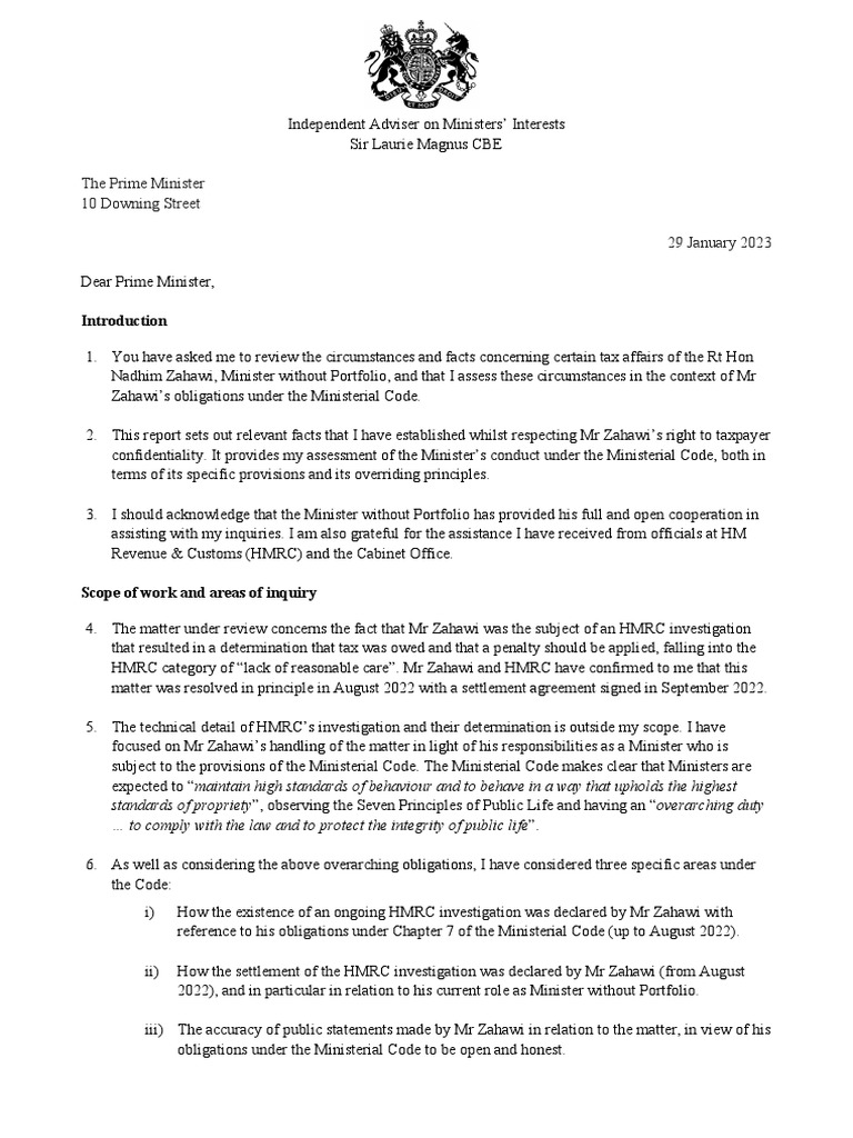 Letter From Sir Laurie Magnus To The Prime Minister, 29 January 2023 ...