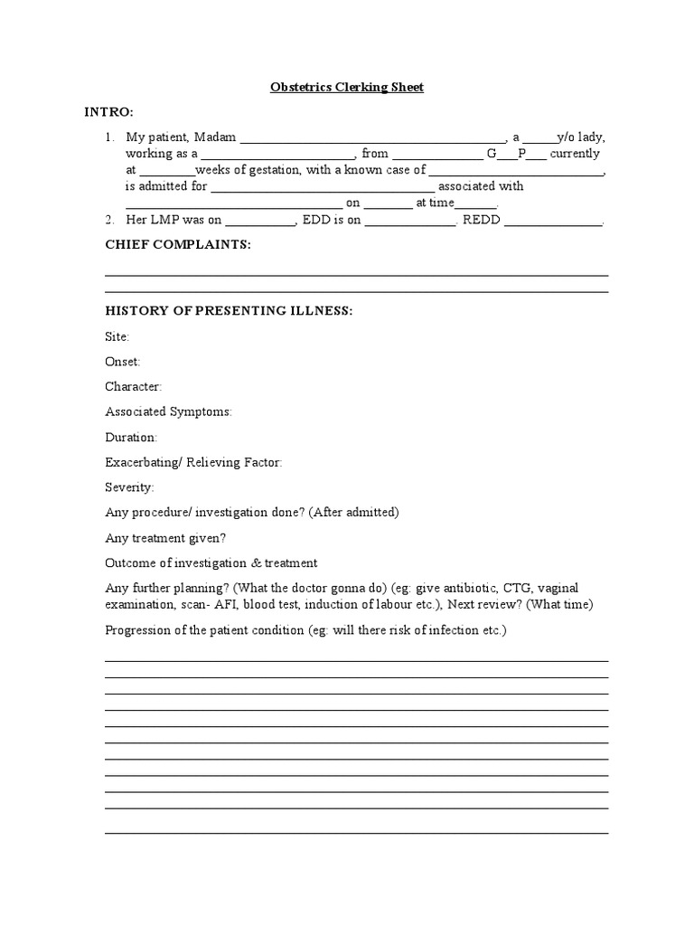 Obstetrics Clerking Sheet | PDF | Pregnancy | Miscarriage