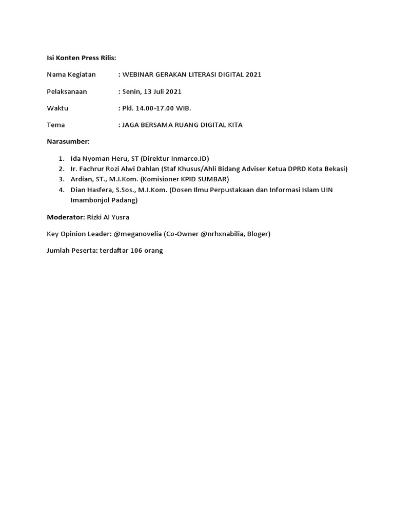 Laporan Kegiatan Dan Press Rilis Gerakan Literasi Digital 13 Juli 2021 SUMBAR-PESSES | PDF