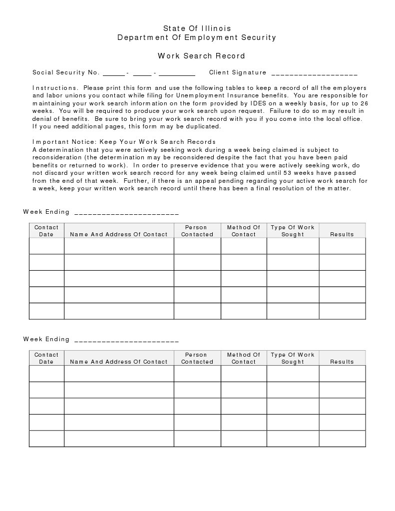 State of Illinois Department of Employment Security Work Search Record ...