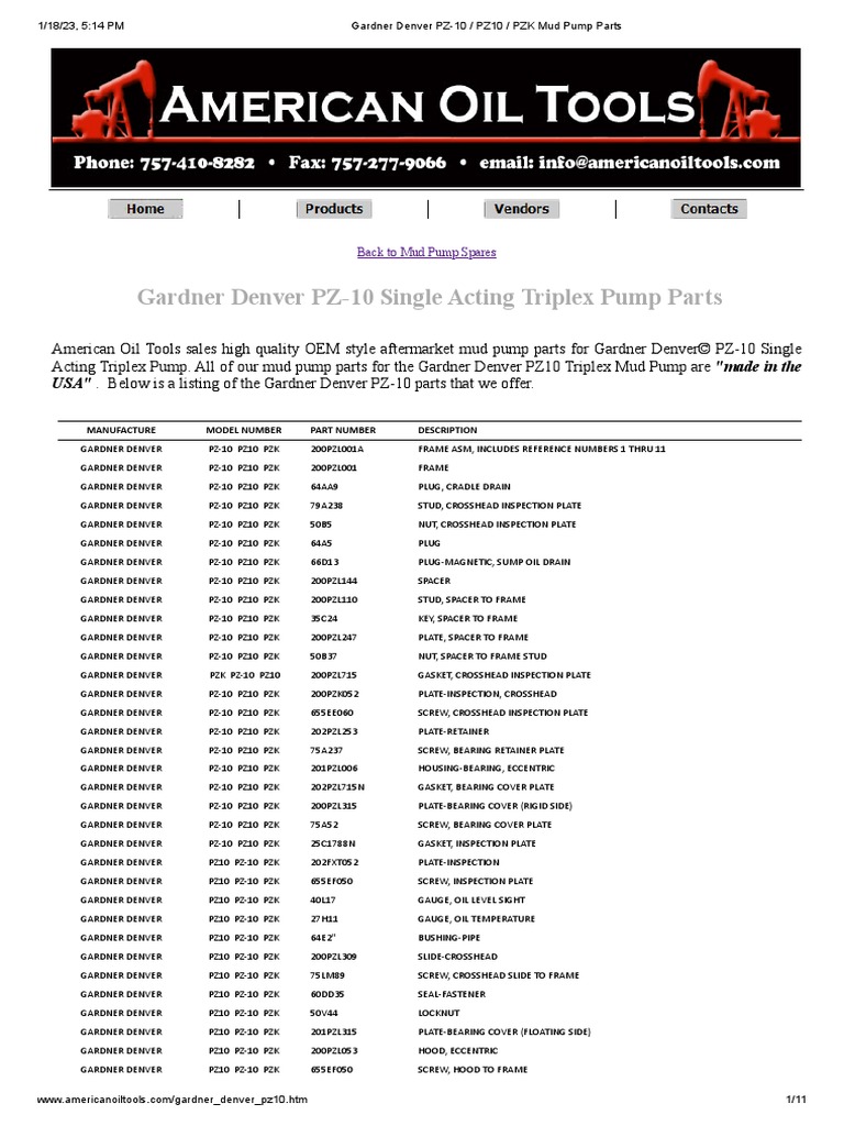 Gardner Denver PZ-10 - PZ10 - PZK Mud Pump Parts | PDF | Valve | Pump