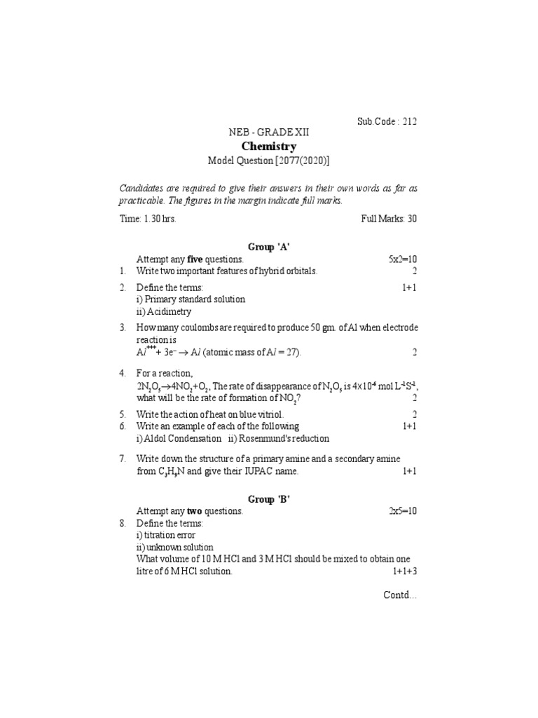 Chemistry Grade-12 Model Question Paper 2077-2020 Code-212 NEB | PDF ...