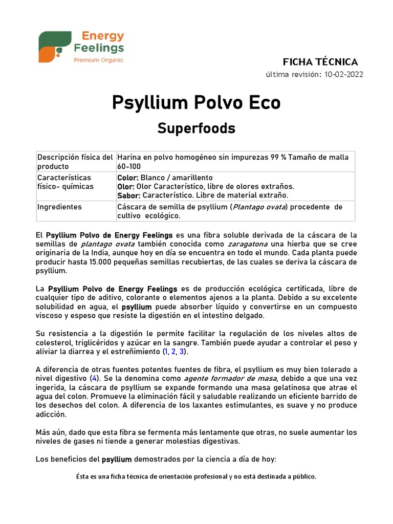 FT Psyllium Polvo Eco V.22.02.01 Es | PDF | Digestión | Fibra dietética
