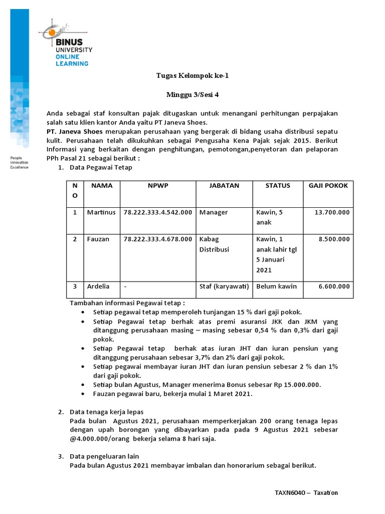 Tugas Kelompok Ke-1 Minggu 3/sesi 4: TAXN6040 - Taxation | PDF | Karier & Perkembangan