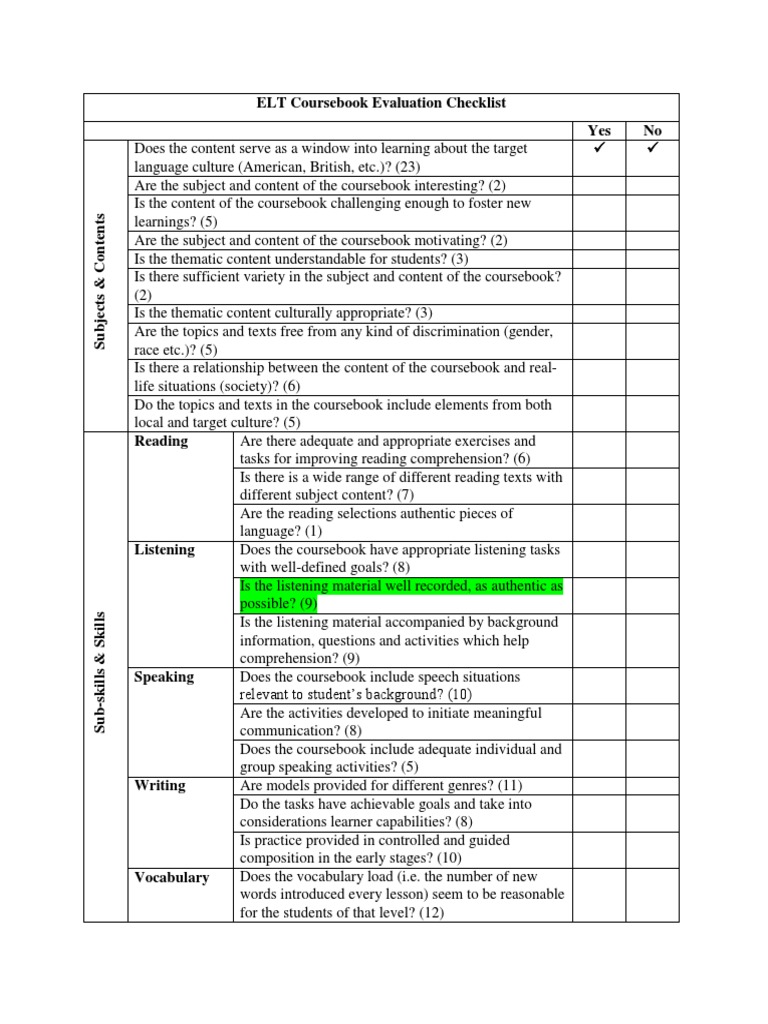 ELT Coursebook Evaluation Checklist | PDF | Textbook | Reading ...