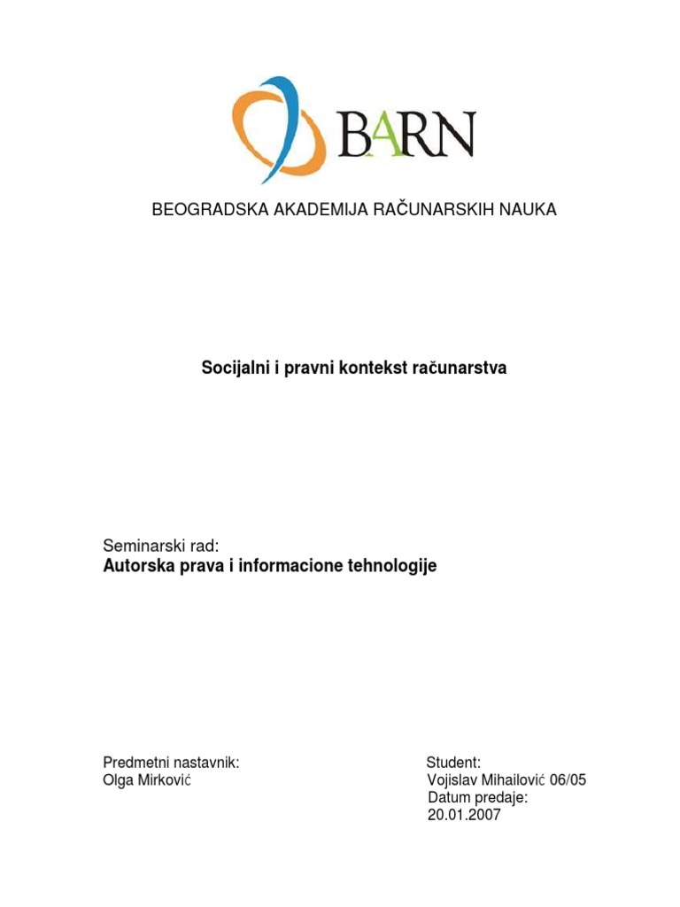 Autorska Prava I Informacione Tehnologije VojislavMihailovic 1685 | PDF
