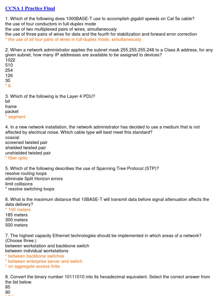CCNA 1 Practice Final: The Use of All Four Pairs of Wires in Full ...