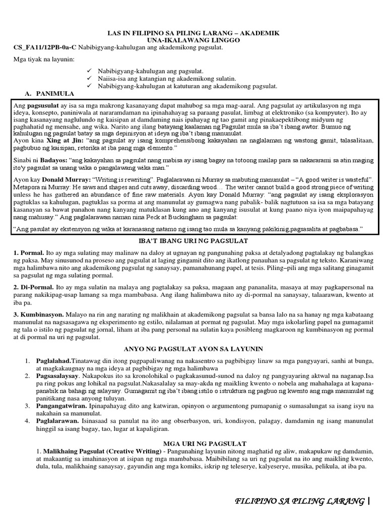 Filipino Sa Piling Larang Week1 2 | PDF