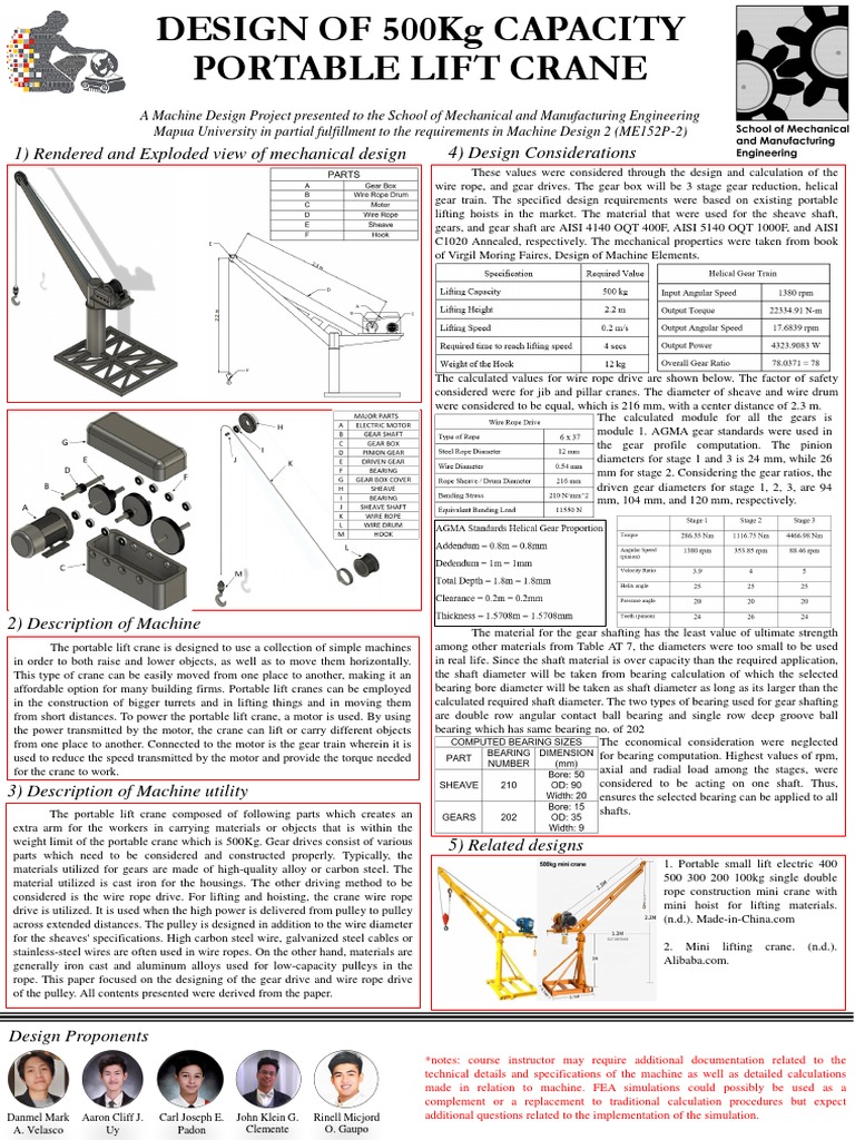 Poster DESIGN OF 500Kg CAPACITY PORTABLE LIFT CRANE | PDF | Gear | Axle