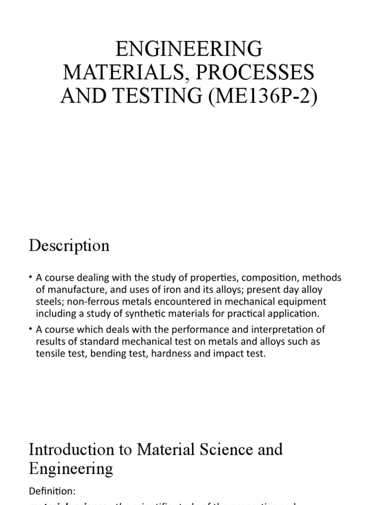 1 Engineering Materials, Processes and Testing (Me136p-2) | PDF ...