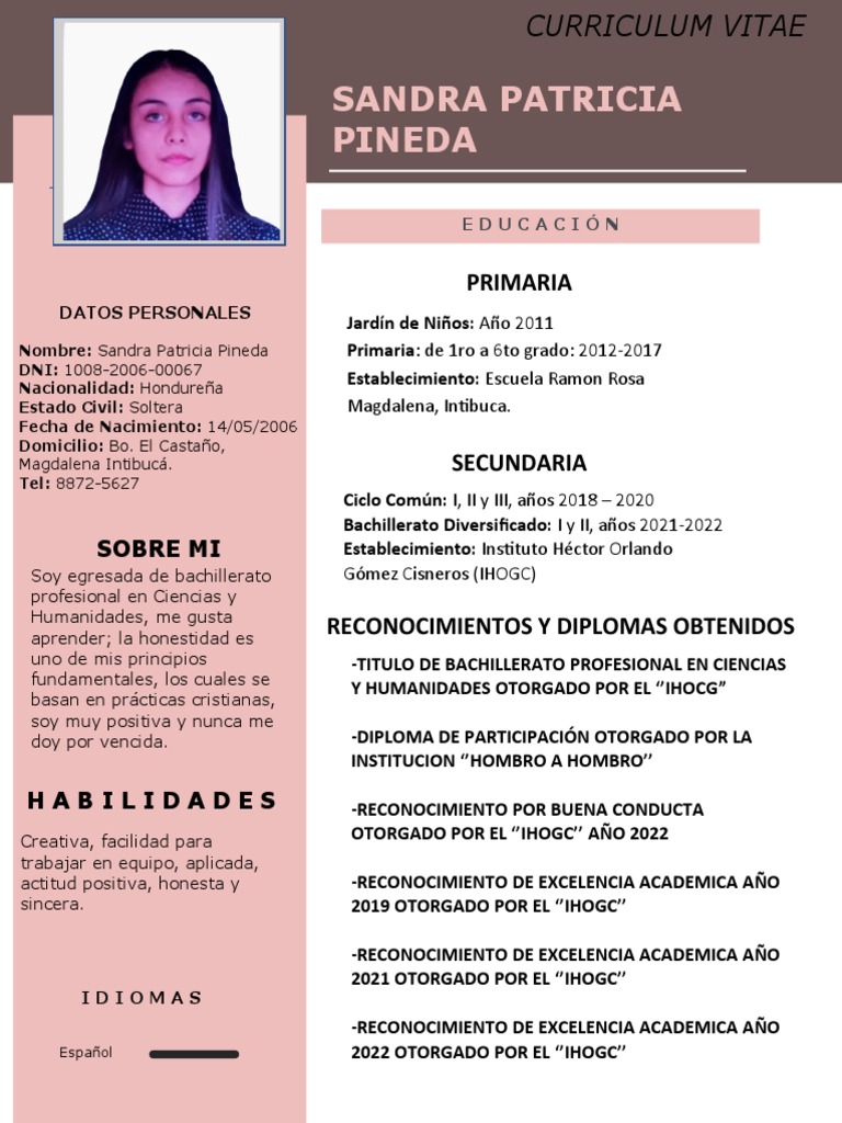 Currículo Vitae Sandra Pineda Bachillerato Ciencias Humanidades | PDF