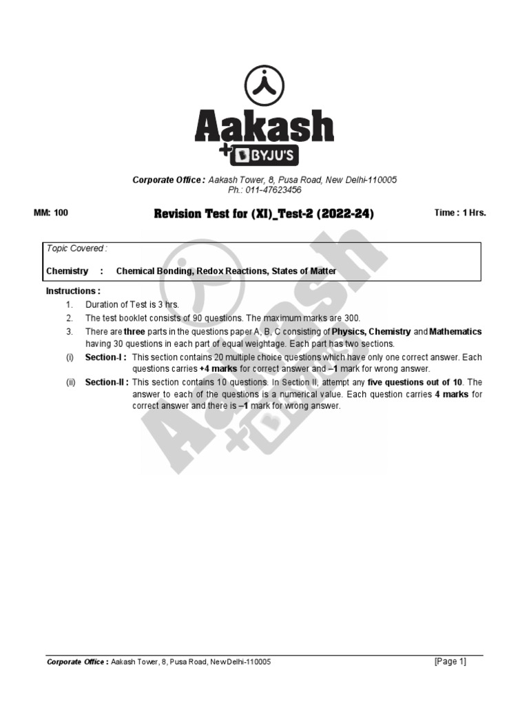 Revision Test For (XI) - Test-02 - (2022-24) - Chemistry - (Only Que ...