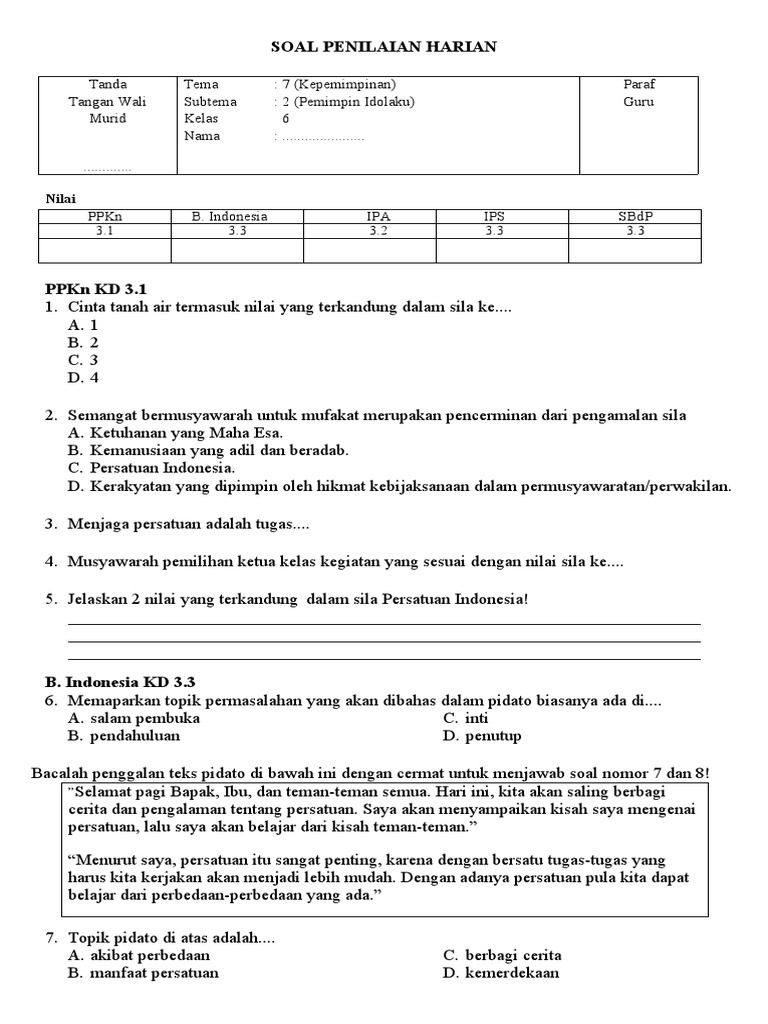 Soal Penilaian Harian Kelas 6 Tema 7 Subtema 2 | PDF