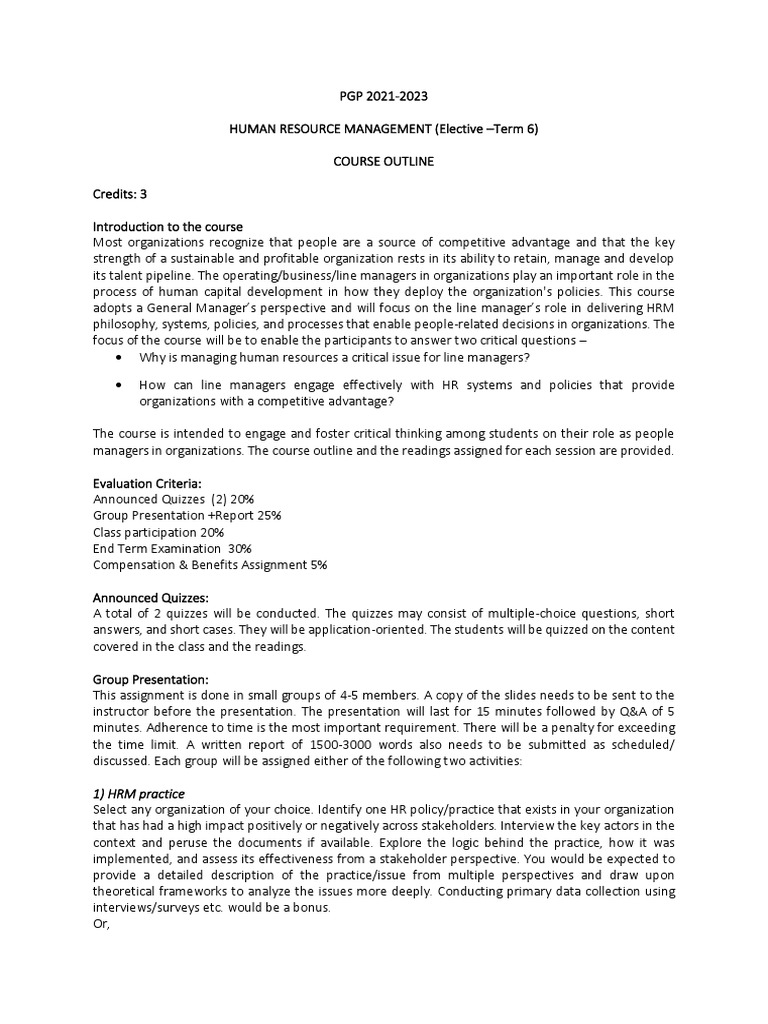 16 PGP 2021-23 HRM Elective Course Outline | PDF | Human Resource ...