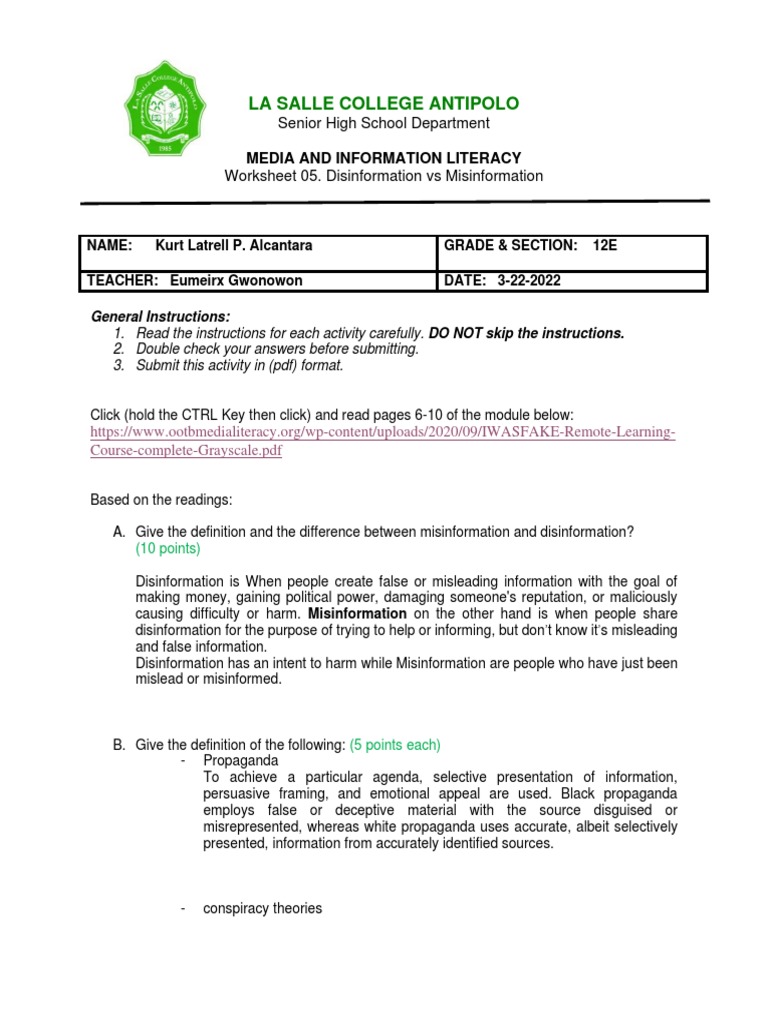 05 Worksheet - Disinformation Vs Misinformation - Alcantara, Kurt - 12E ...