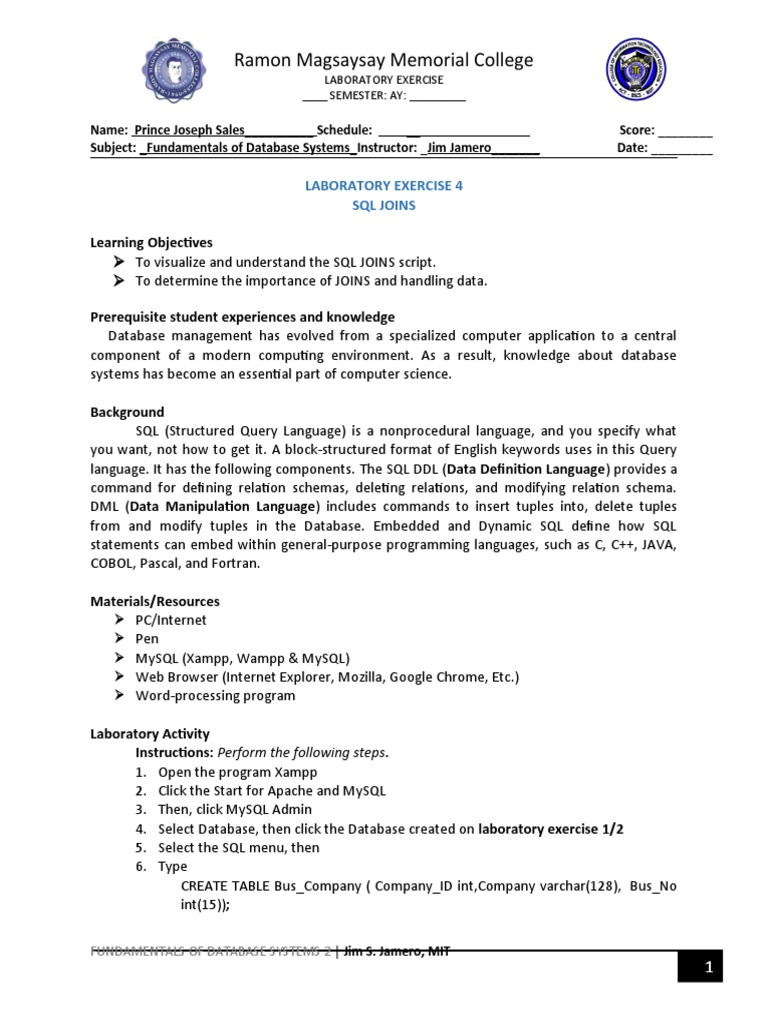 LABORATORY EXERCISE 4 Prince Joseph Sales | PDF | Sql | Databases
