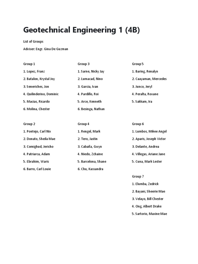 Geotechnical Eng. 1 Group List | PDF