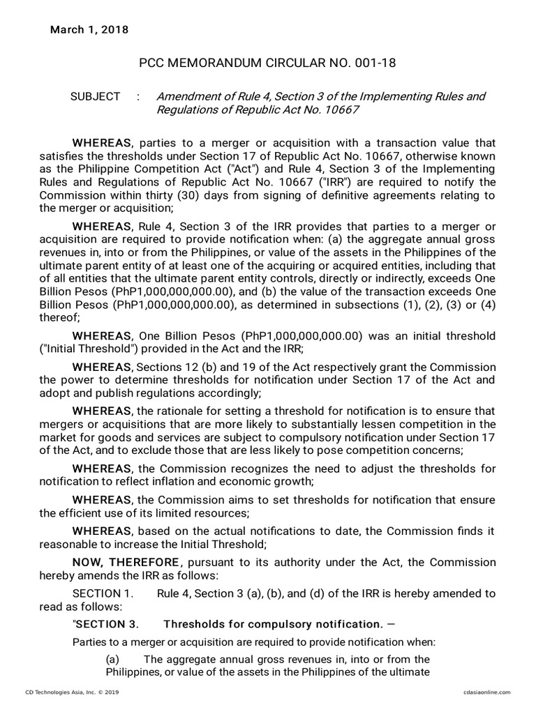PCC Memorandum Circular 18-001 | PDF | Mergers And Acquisitions | Joint ...
