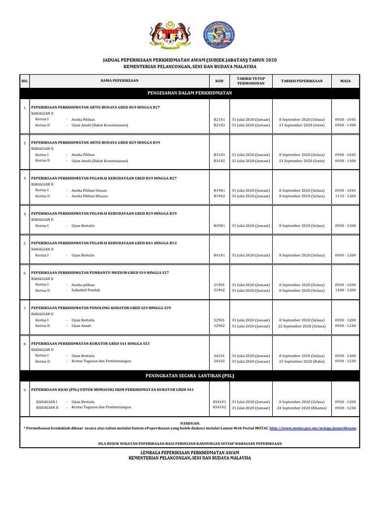 Jadual Peperiksaan MOTAC Tahun 2020 | PDF