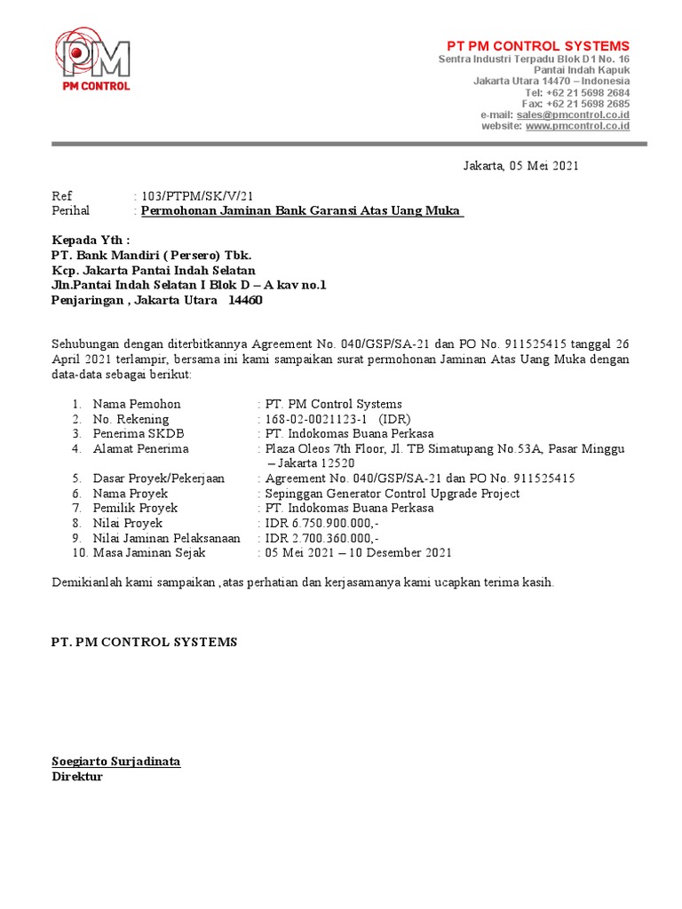 103 Surat Permohonan Bank Garansi PT Indokomas DP40% | PDF