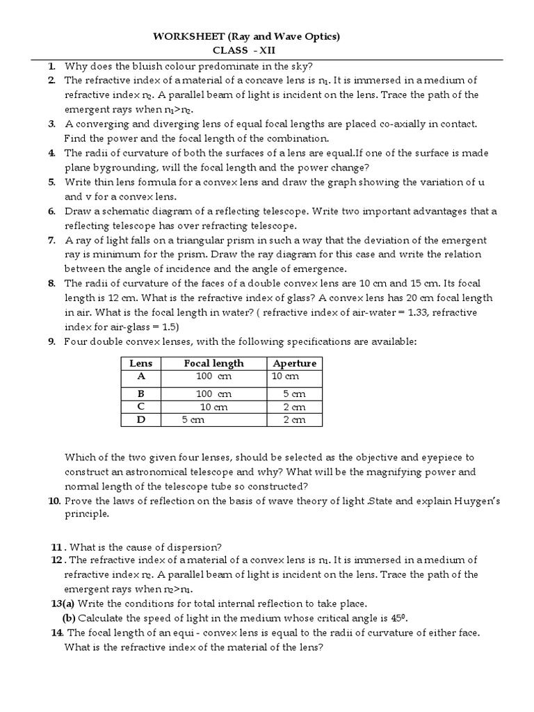 Worksheet 1 - Physics 12 | PDF | Refractive Index | Refraction
