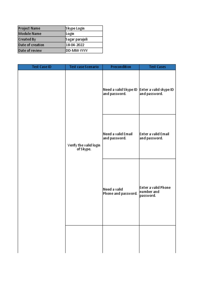 Skype Login Test Cases Overview | PDF | Password | Secure Communication