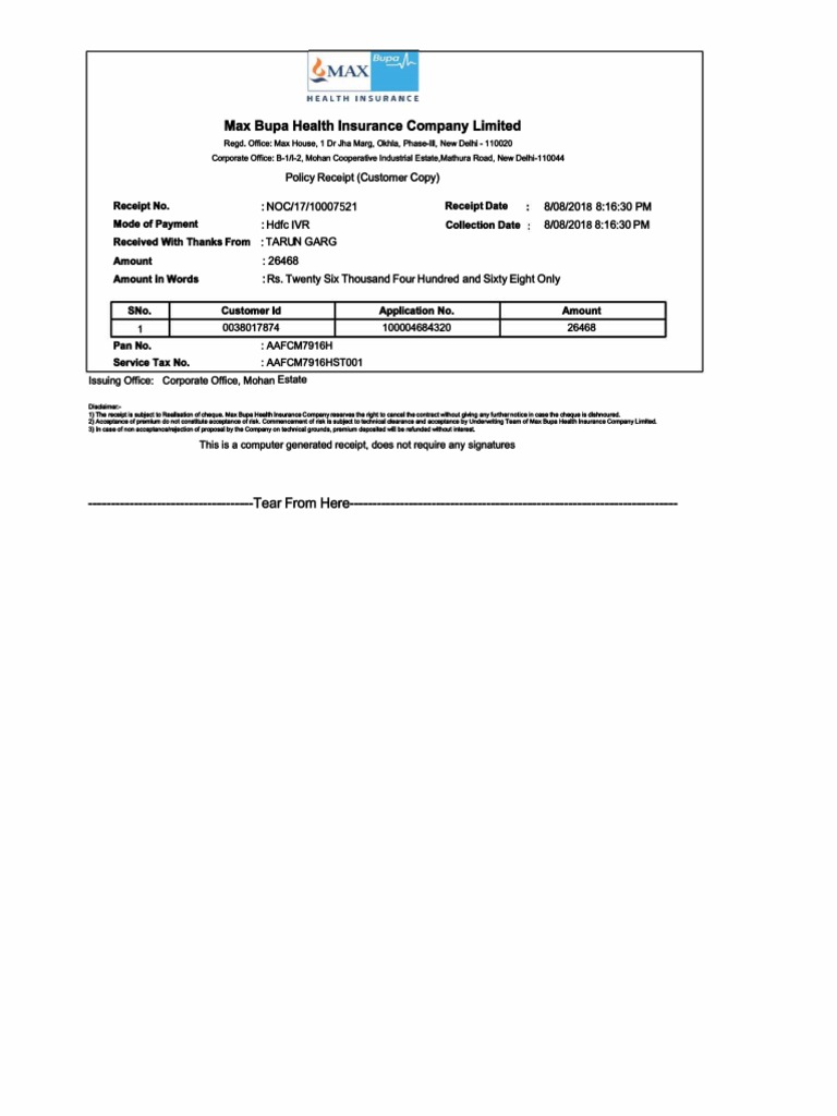 Max Bupa Premium Receipt Details | PDF | Finance & Money Management