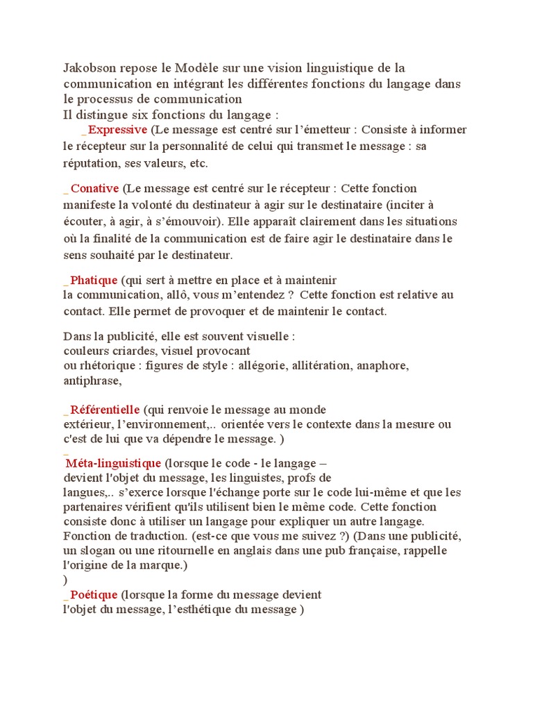 Jakobson Repose Le Modèle Sur Une Vision Linguistique de La ...
