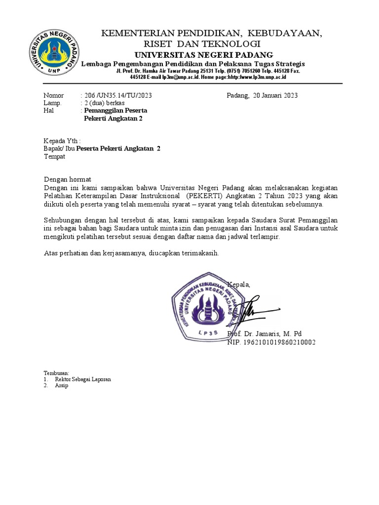 Surat Pemanggilan Peserta Pekerti Tahap 2 Tahun 2023 | PDF