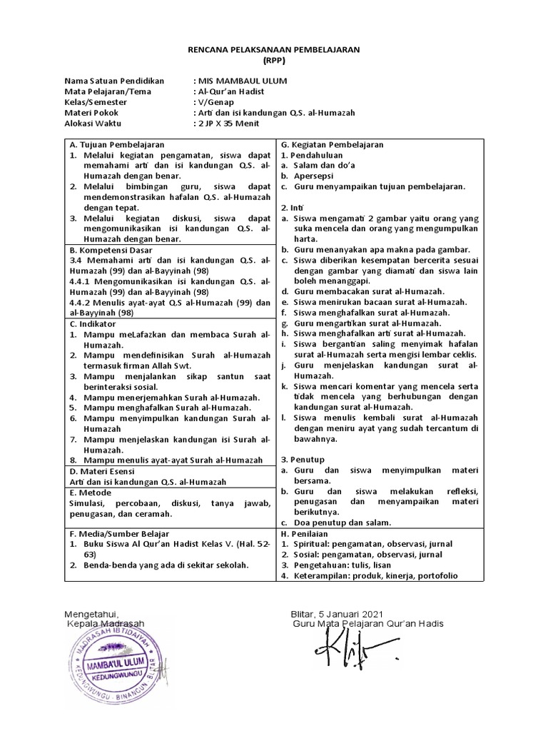 RPP Kelas 5 Semester 2 2020 - 2021 | PDF