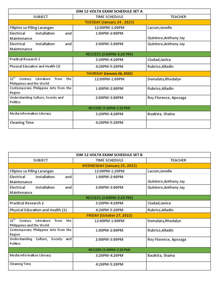 Eim 12 Exam Schedule 2nd Quarter | PDF