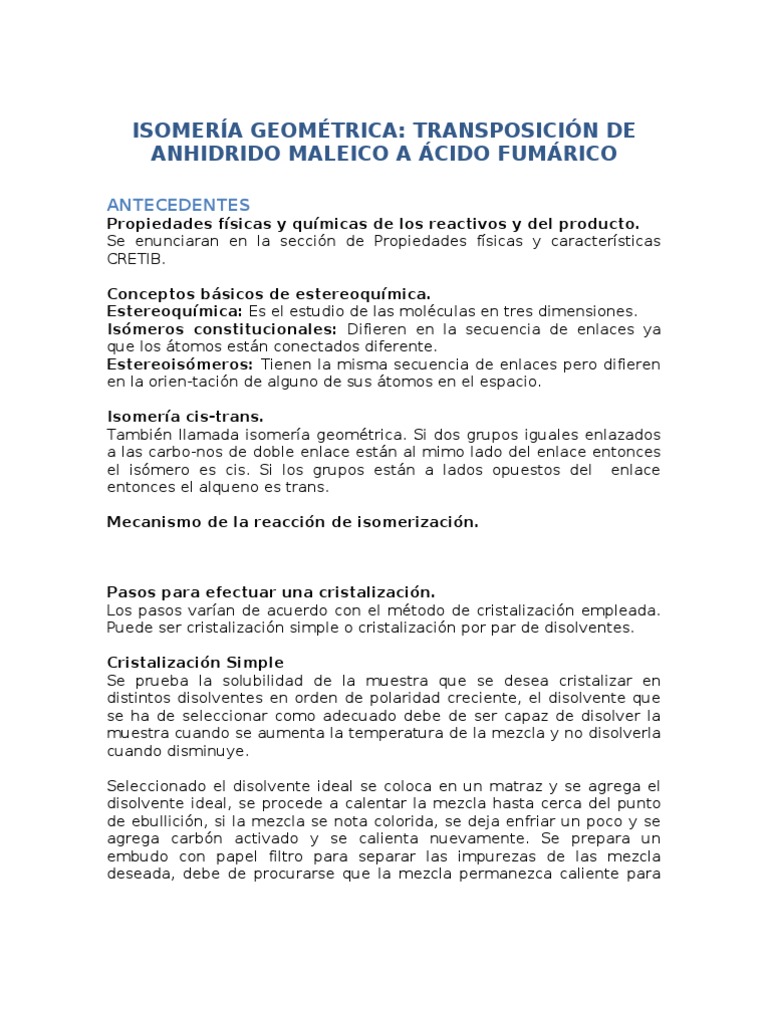 (Antecendentes) ISOMERÍA GEOMÉTRICA TRANSPOSICIÓN DE ANHIDRIDO MALEICO ...
