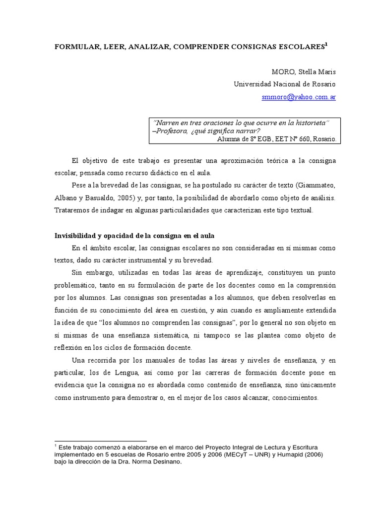 MORO, S. M., Formular, Leer, Analizar y Comprender Consignas Escolares | PDF | Método de ...