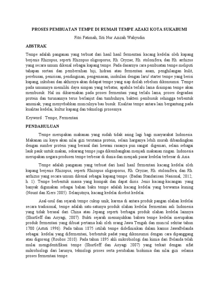 Proses Pembuatan Tempe Di Rumah Tempe Azaki Kota Sukabumi | PDF