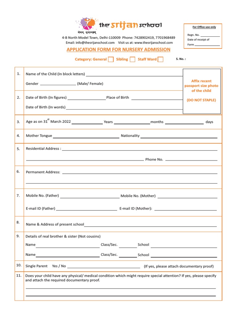 Nursery Admission Application Form | PDF | Social Institutions ...