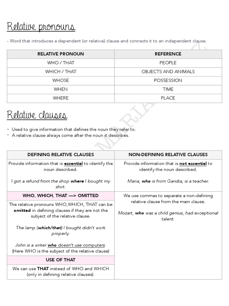An Overview of Relative Pronouns and Relative Clauses | PDF | Clause ...