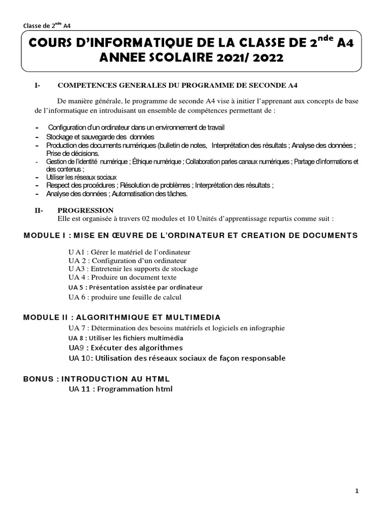 Cours d'informatique 2nde A4 PDF | PDF | Feuille de calcul ...