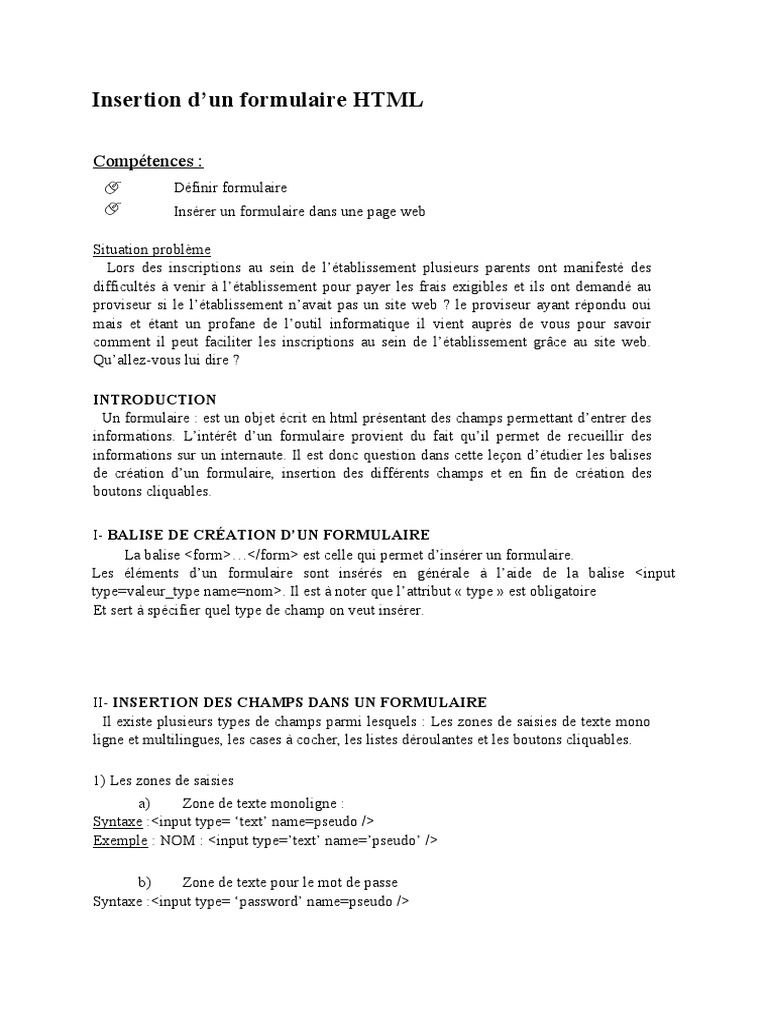 Insertion D'un Formulaire HTML Pa | PDF | Langage de balisage | Html