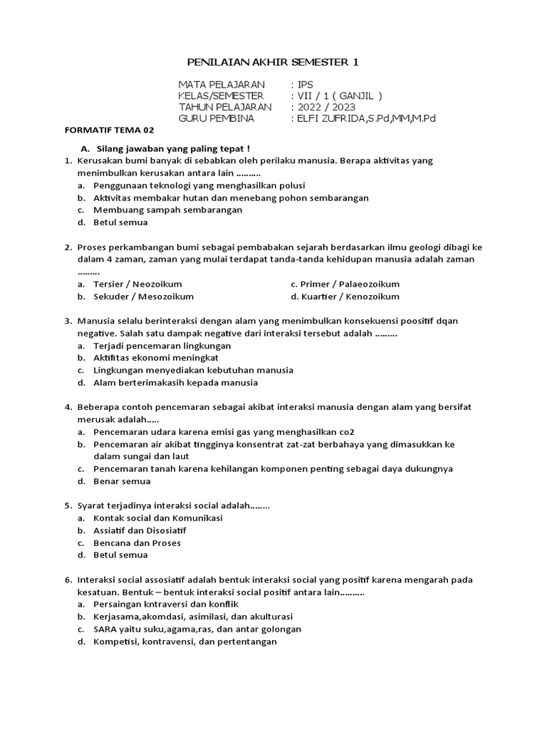 Soal Penilaian Akhir Semester 1 Pas SMP Kelas 7 Kurikulum Merdeka | PDF