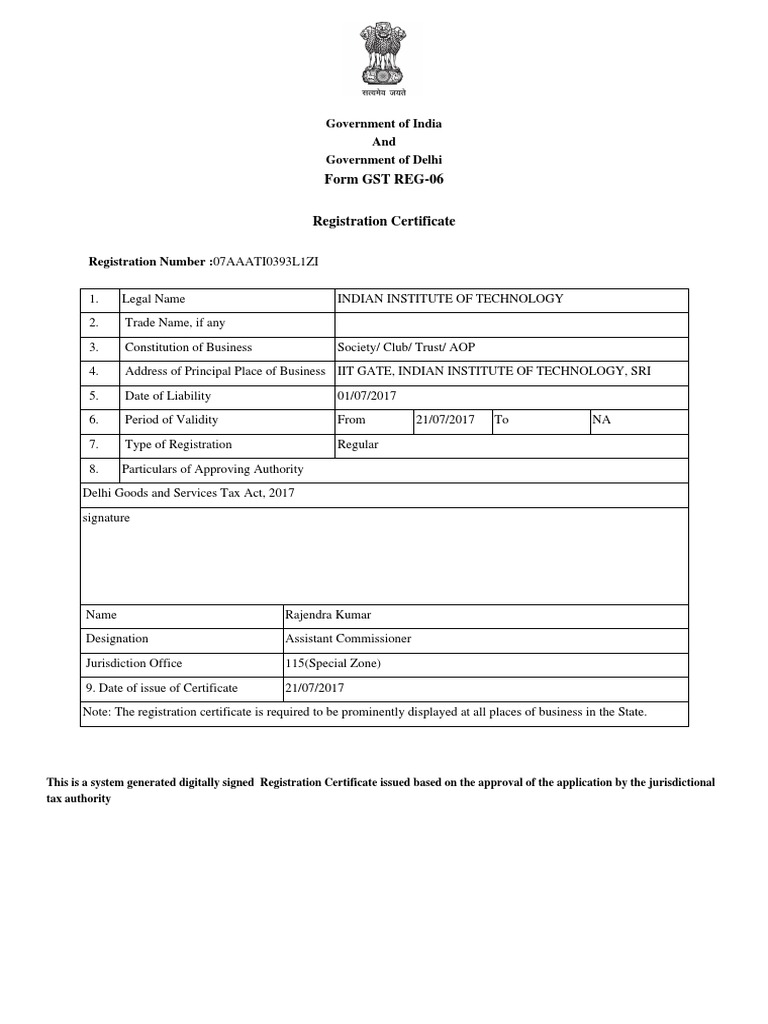IIT Delhi GST Registration Certificate | PDF | Government