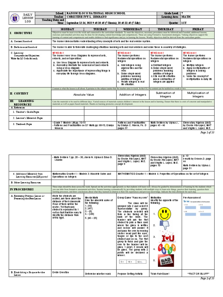 DLL Math 7 Quarter 1 Week 4 | PDF | Numbers | Learning
