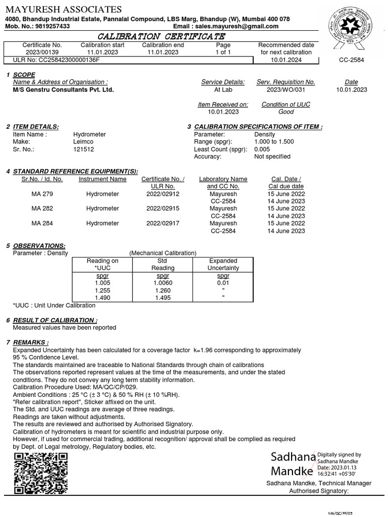 Hydrometer Calibration Certificate Details | PDF | Calibration | Metrology
